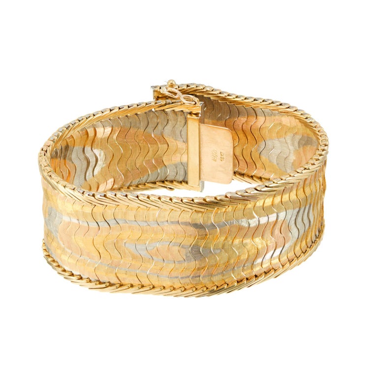 Tri-Color Gold Wide Textured Italian Bracelet at 1stDibs
