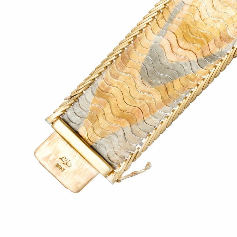 Tri-Color Gold Wide Textured Italian Bracelet at 1stDibs