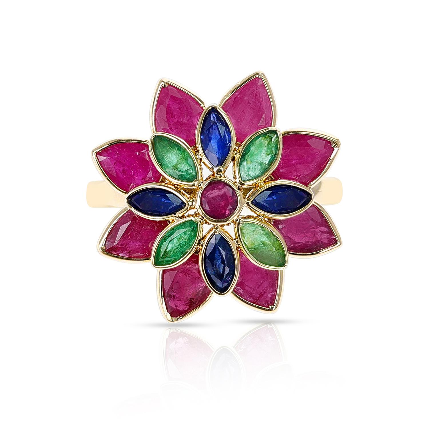 Tri-Color Ruby Emerald Sapphire Floral Ring, 18K Yellow Gold For Sale ...