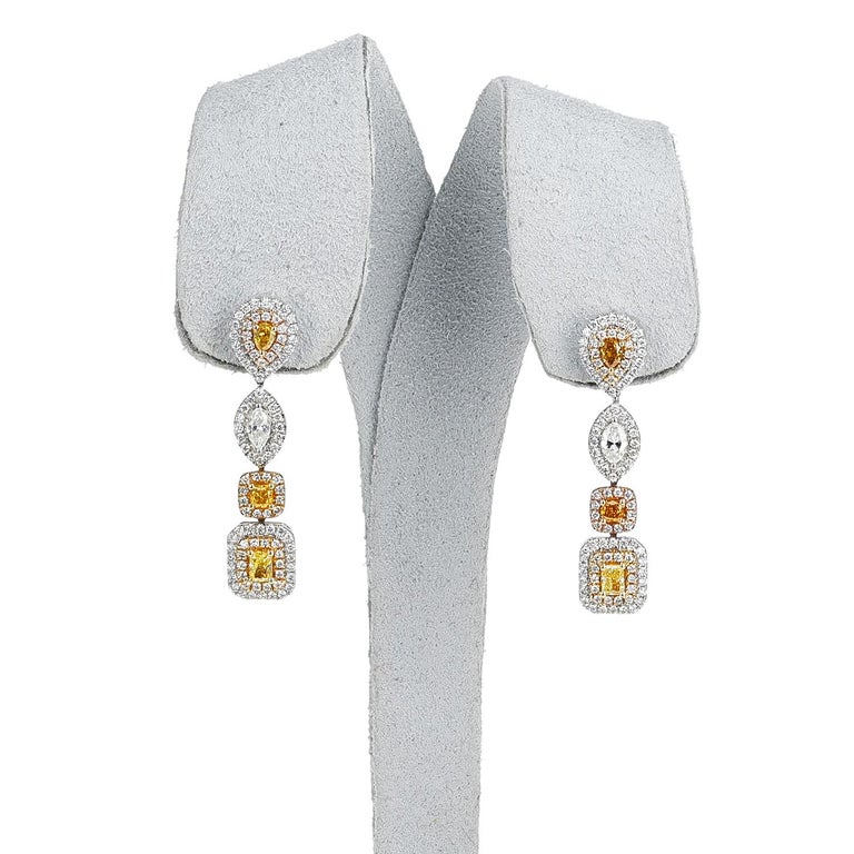 Tri-Tone Multi-Color Mixed-Shape Diamond Dangling Earrings, 18k For ...