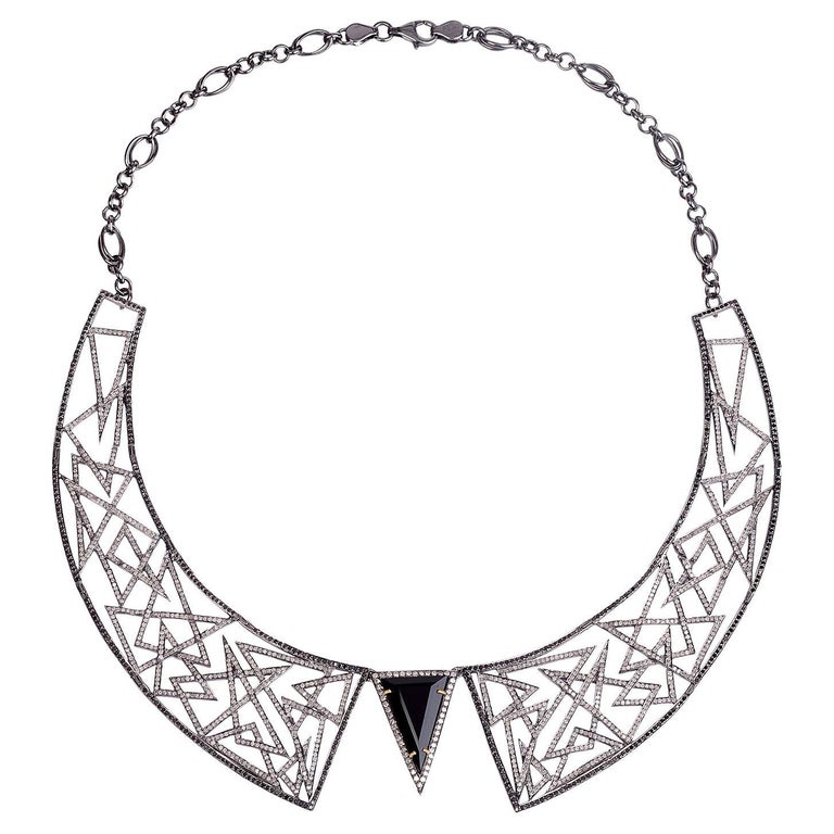 Triangle Shaped Black Onyx Collar Necklace with Pave Diamonds in Zig ...