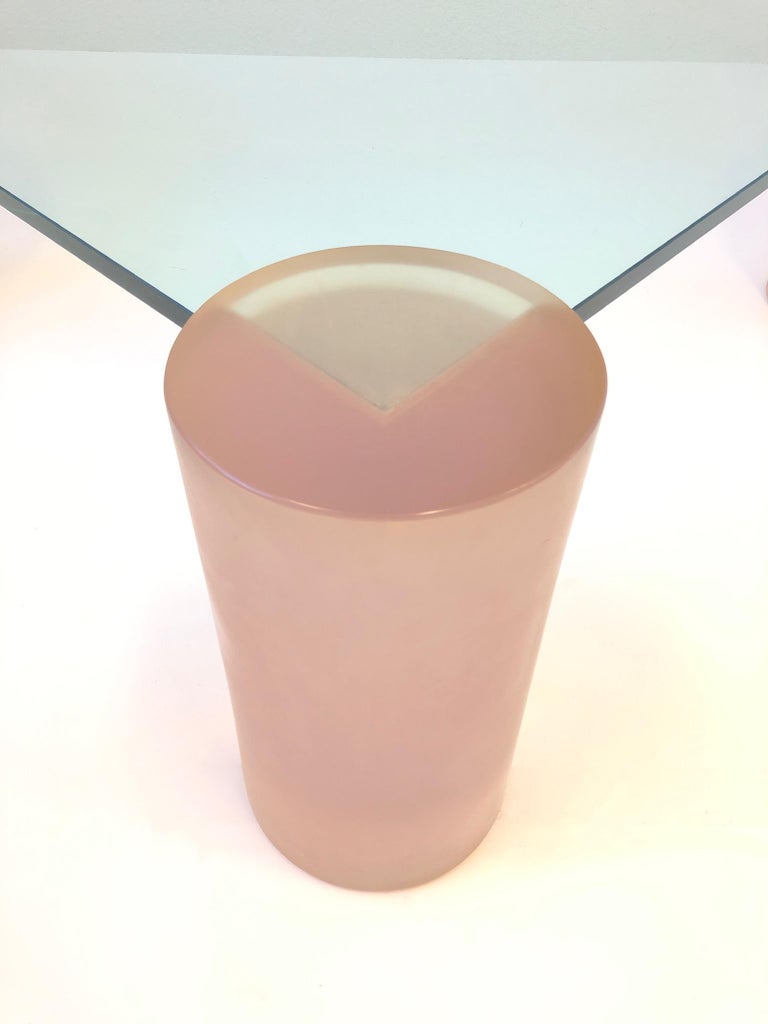 Triangular Blush Pink Lucite and Glass Cocktail Table For Sale at 1stDibs