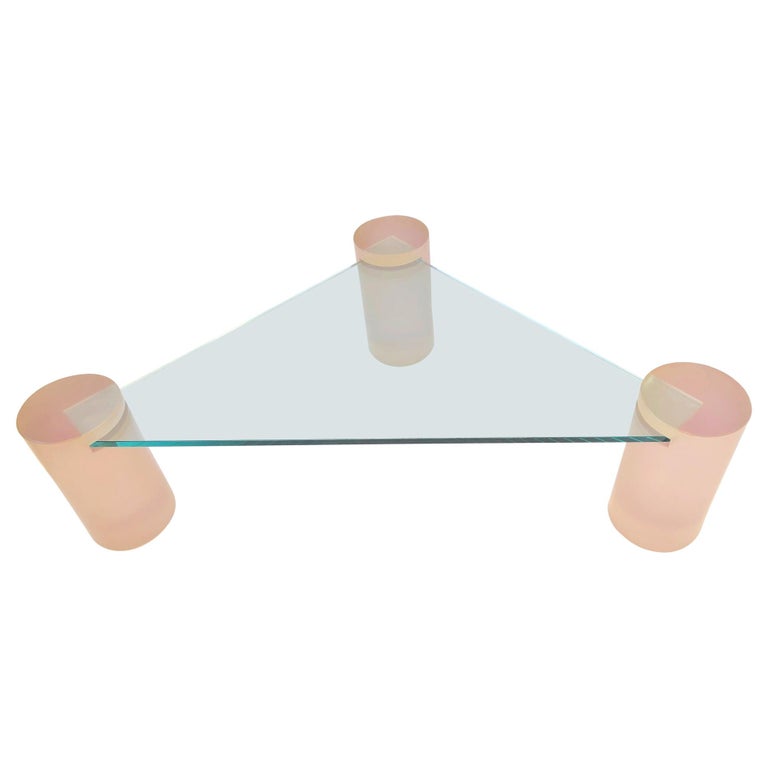 Triangular Blush Pink Lucite and Glass Cocktail Table For Sale at 1stDibs