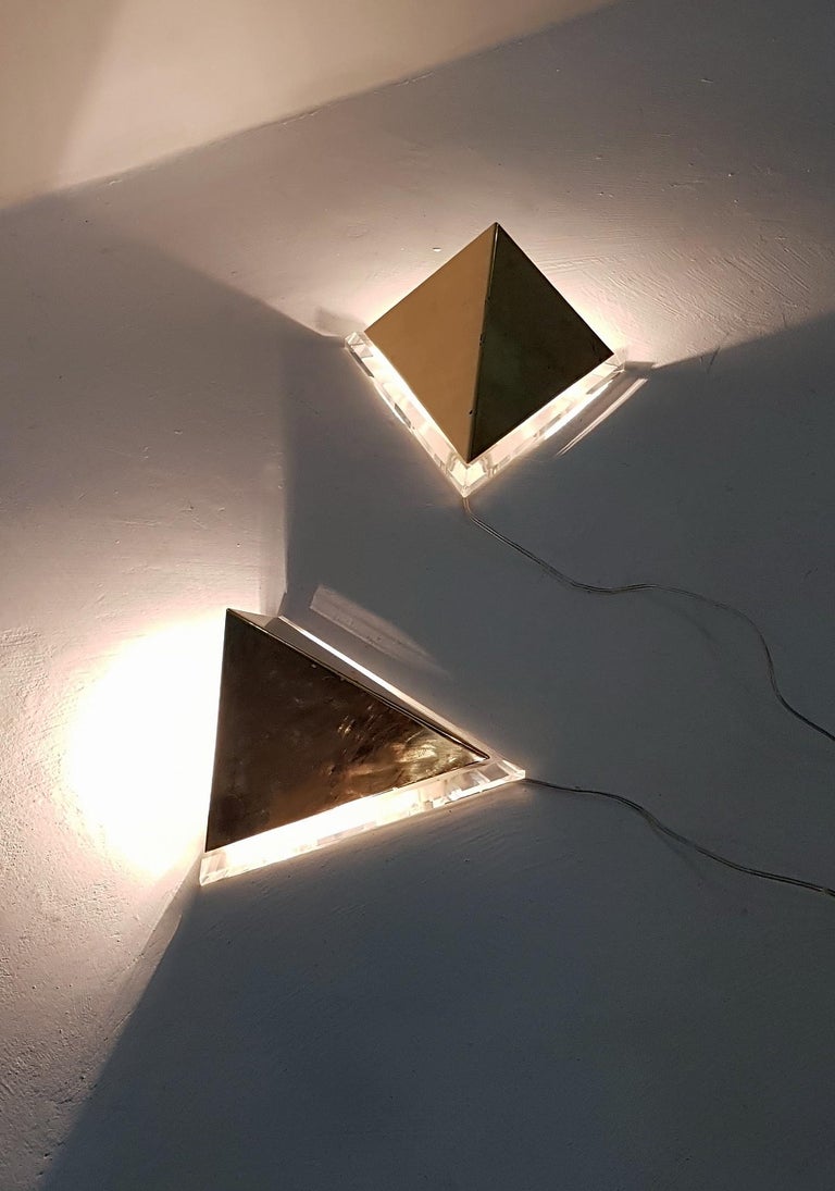 Triangular Brass and Lucite Wall Sconces, Italy For Sale at 1stDibs