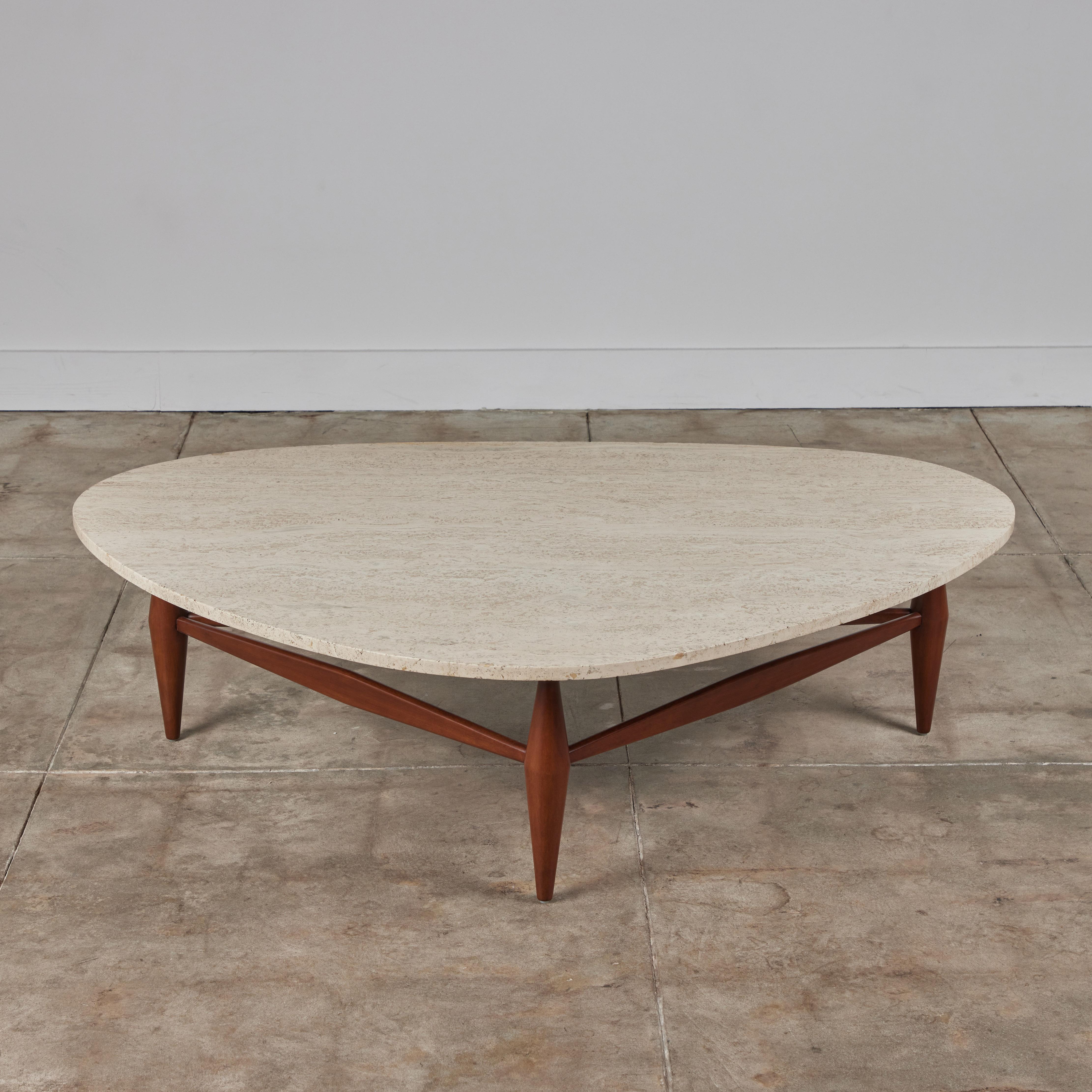 Triangular Travertine and Walnut Coffee Table For Sale at 1stDibs