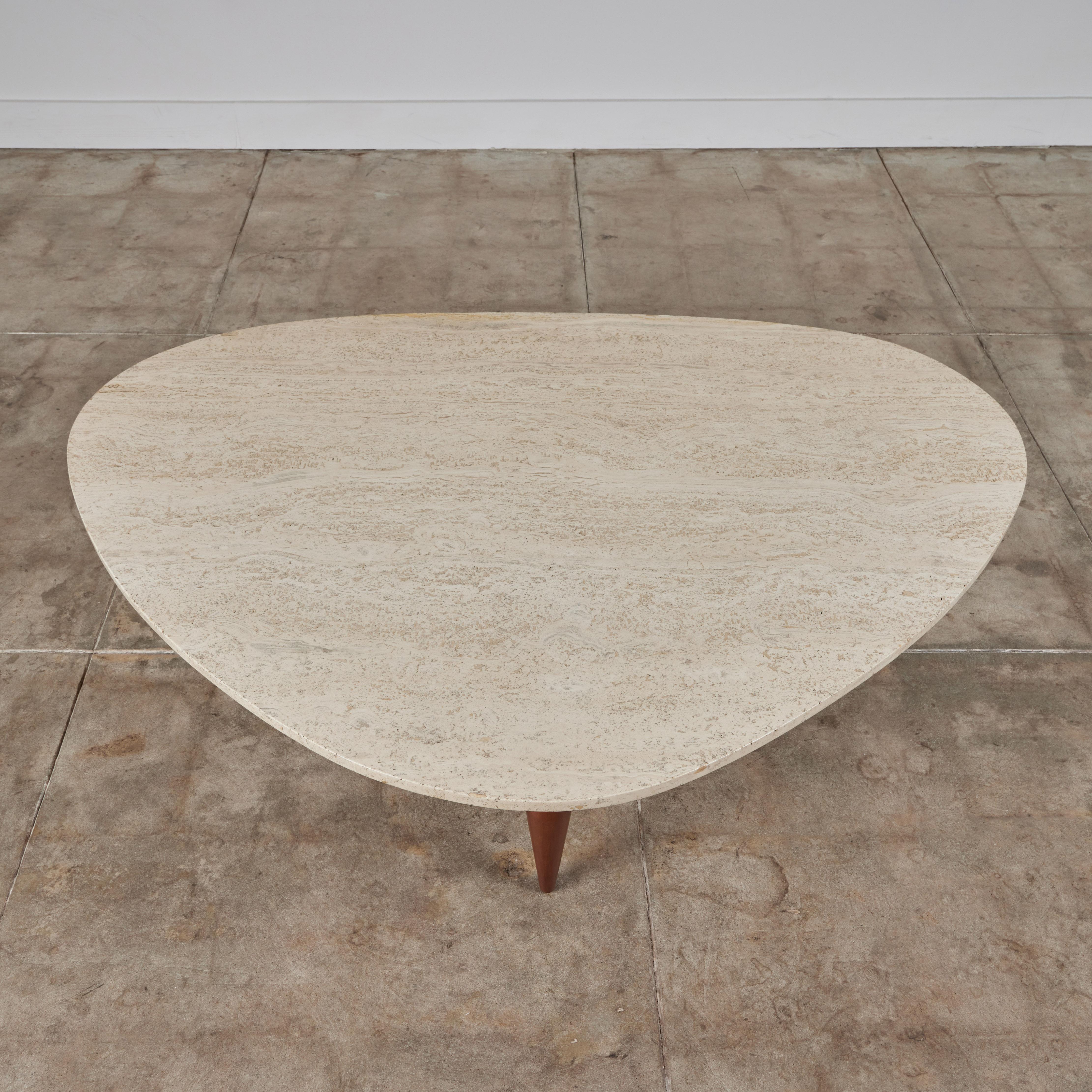 Triangular Travertine and Walnut Coffee Table For Sale at 1stDibs
