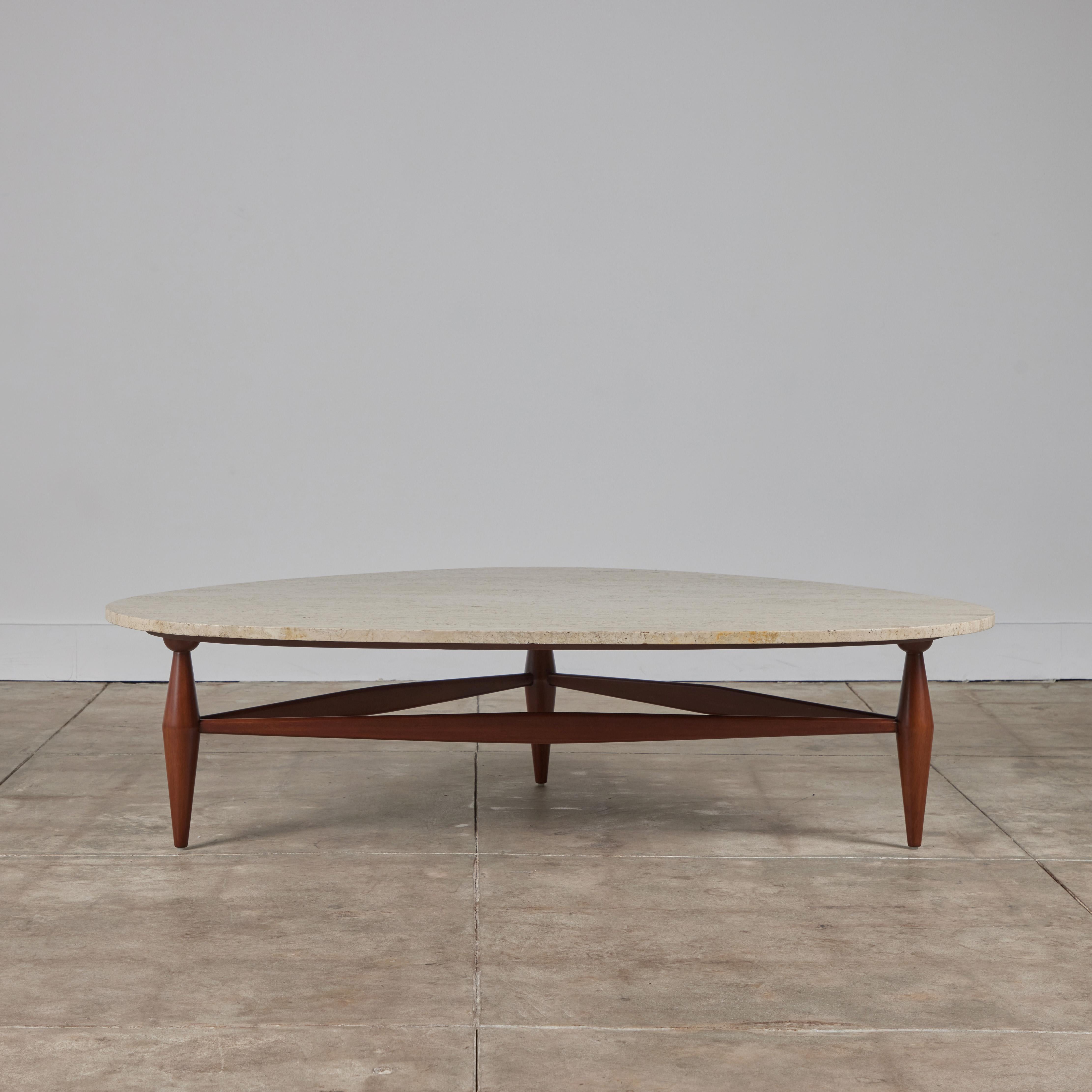 Triangular Travertine and Walnut Coffee Table For Sale at 1stDibs