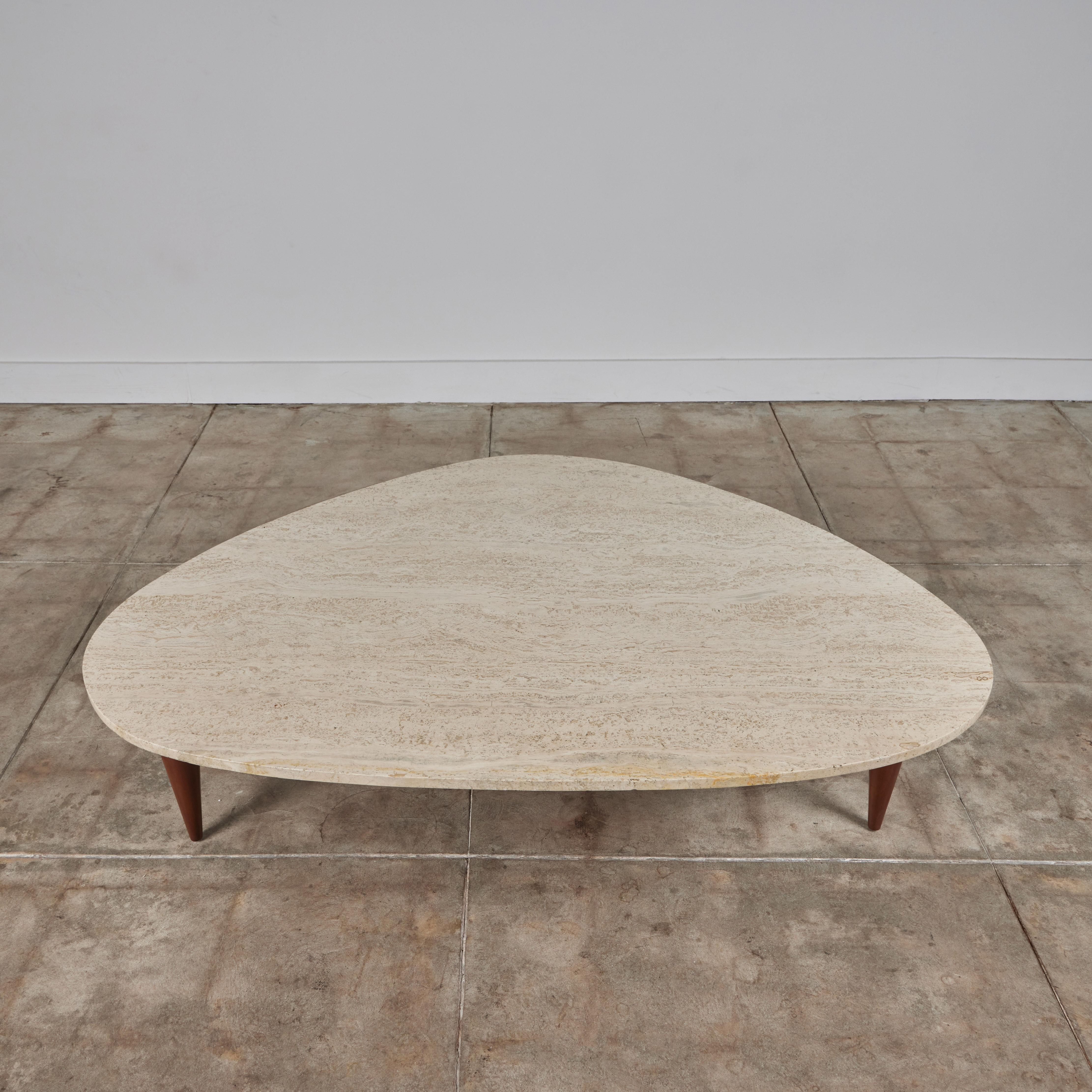Triangular Travertine and Walnut Coffee Table For Sale at 1stDibs