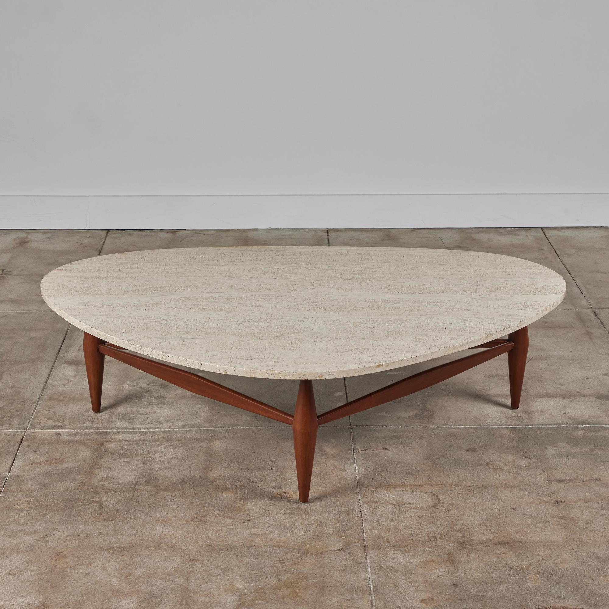 Triangular Travertine and Walnut Coffee Table For Sale at 1stDibs