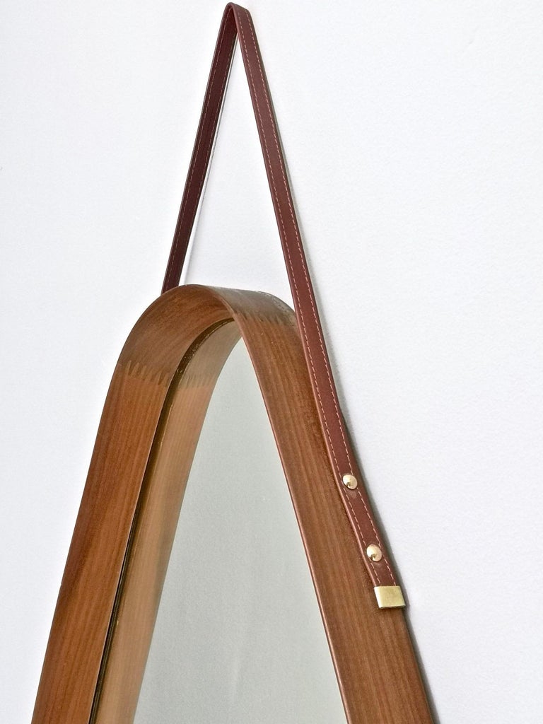 Triangular Wall Mirror with Wooden Frame and a Leather Hook, Italy ...