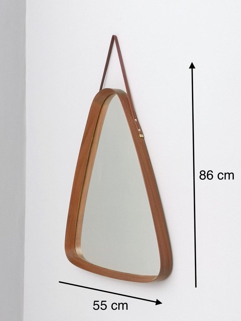 Triangular Wall Mirror with Wooden Frame and a Leather Hook, Italy ...