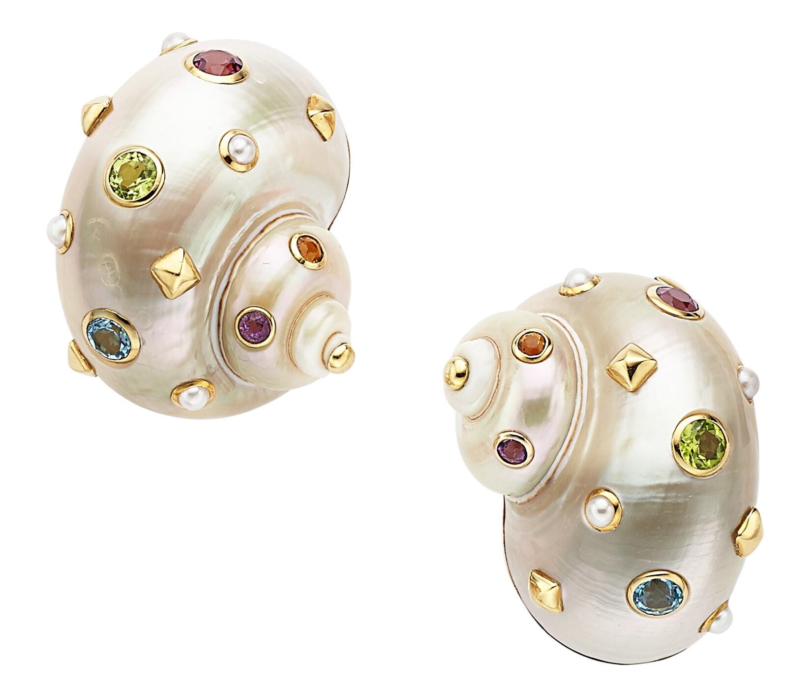 Trianon 18k Gold Mother-of-Pearl Shell Earrings with Gemstone Accents ...
