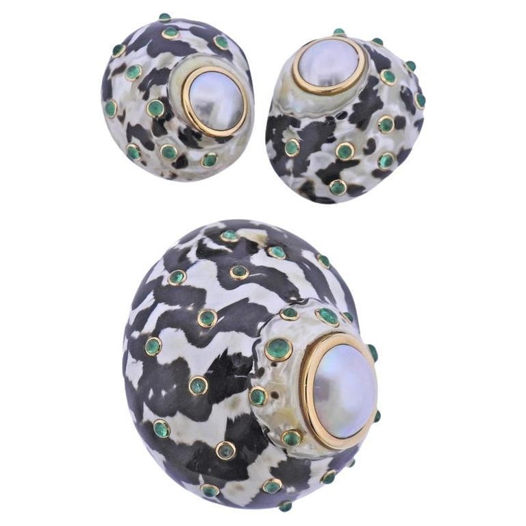 Trianon Gold Pearl Emerald Shell Earrings Brooch Set at 1stDibs