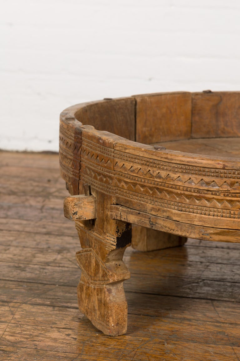 Tribal Indian 1920s Teak Chakki Grinding Table with Geometric Carved ...