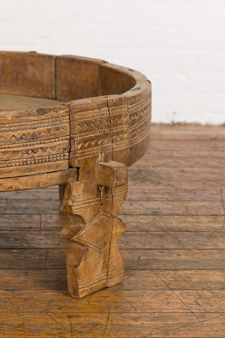 Tribal Indian 1920s Teak Chakki Grinding Table with Geometric Carved ...