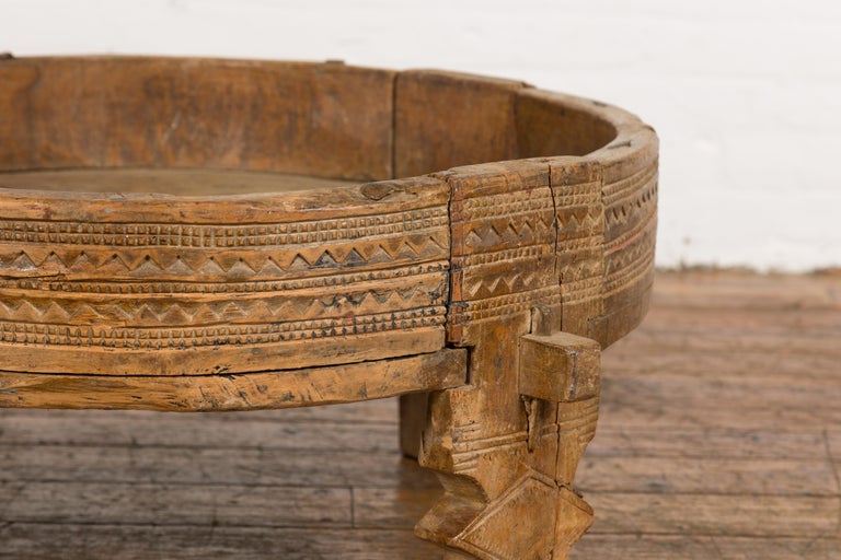Tribal Indian 1920s Teak Chakki Grinding Table with Geometric Carved ...