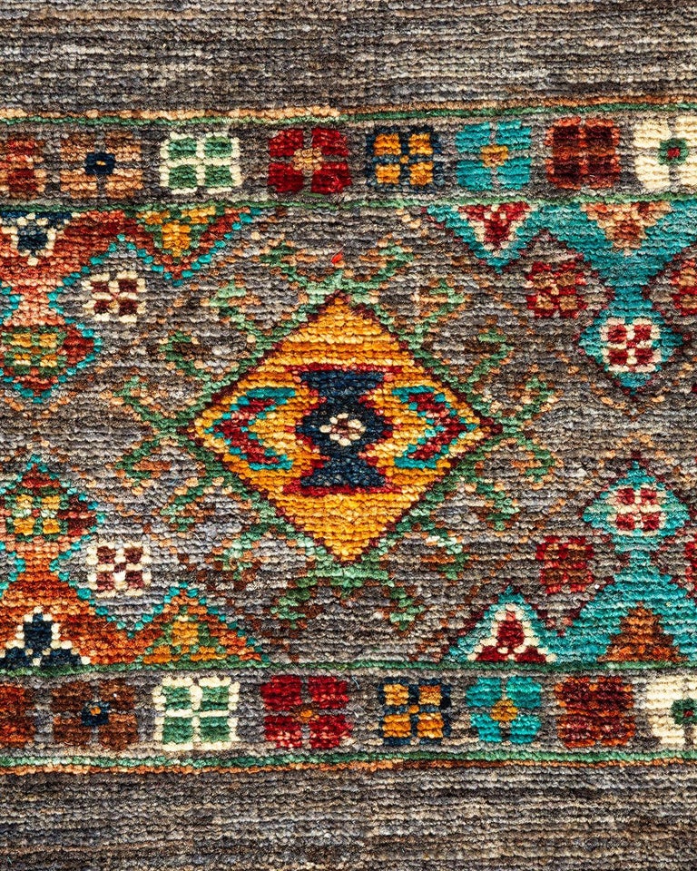 Tribal, One-of-a-Kind Hand-Knotted Runner Rug, Grey For Sale at 1stDibs