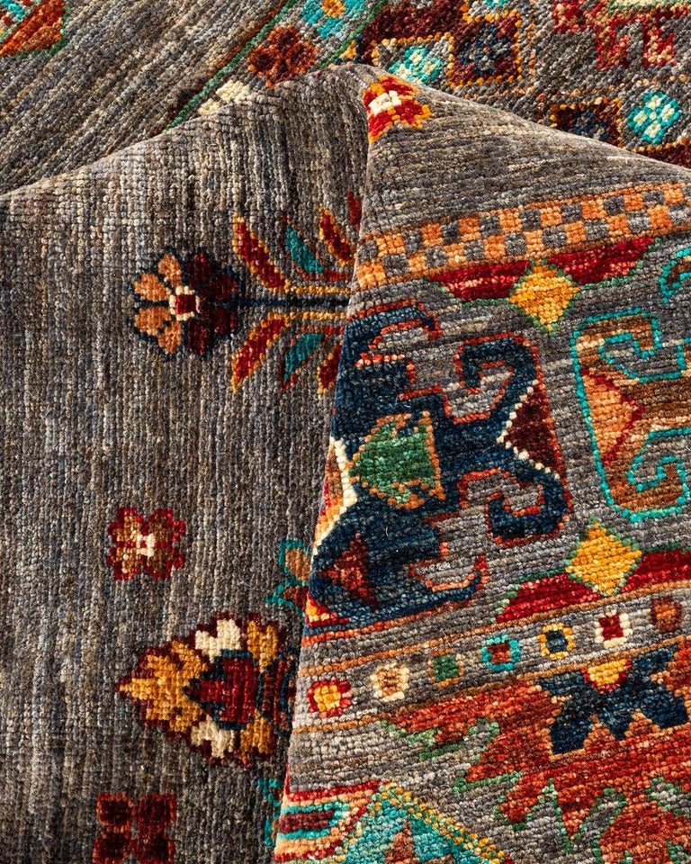 Tribal, One-of-a-Kind Hand-Knotted Runner Rug, Grey For Sale at 1stDibs