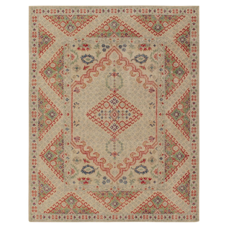 Rug and Kilim's Tribal Style Distressed Rug in Green and Red Geometric ...