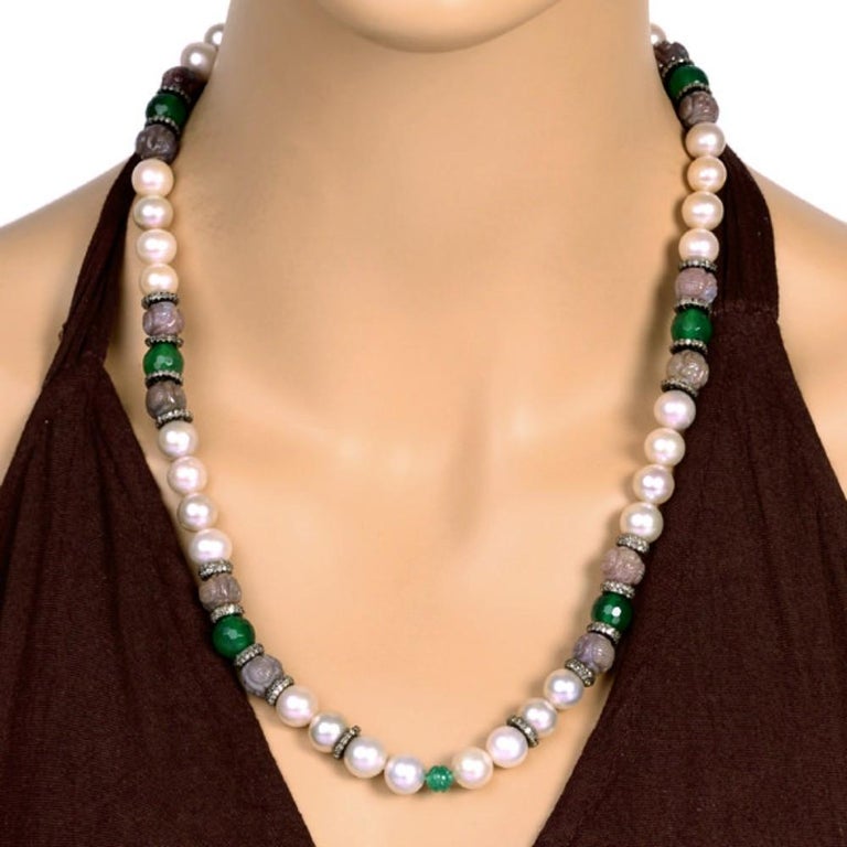 Tribal Style Multi Gemstone Beaded Necklace with Diamonds Made in ...