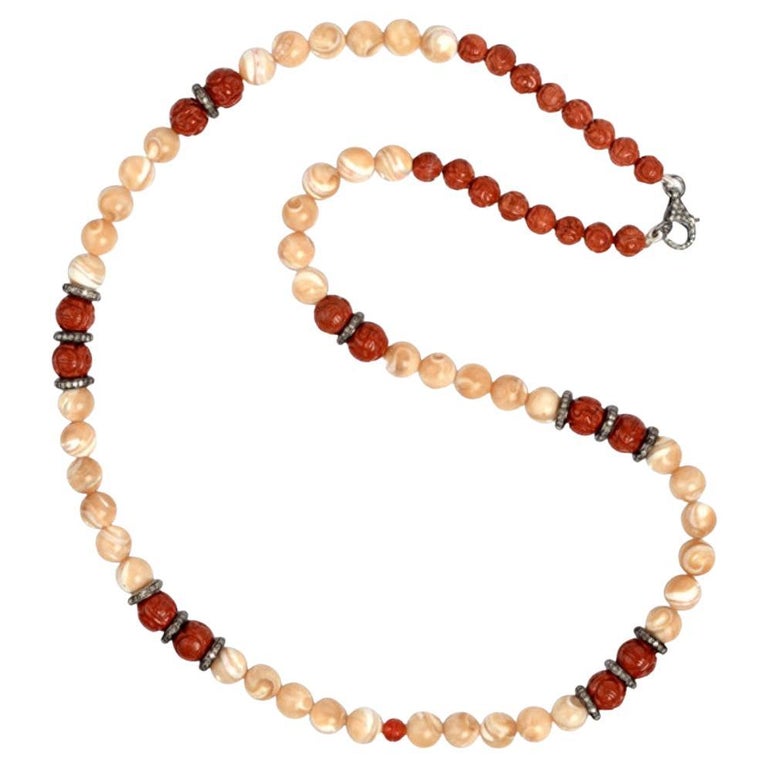 Tribal Style Carved Multi Gemstone Beaded Necklace with Diamond Spacers ...