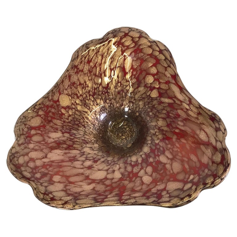 Tricorne Murano Cased Glass Bowl w. Gold Inclusions Red Background ...