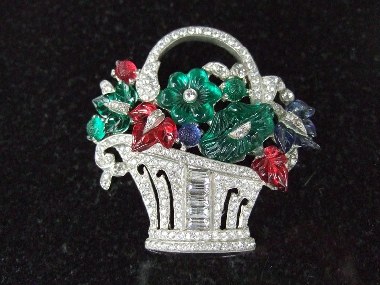 Trifari Art Deco Carved Glass Fruit Salad Flower Basket Brooch c 1930s ...