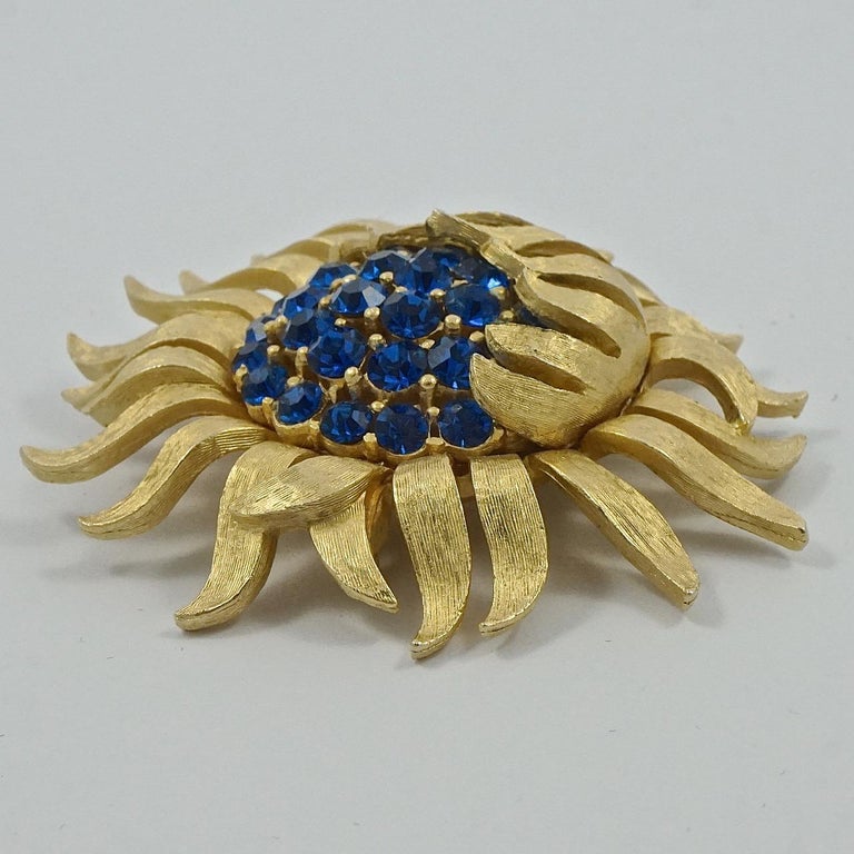 Trifari Articulated Textured Gold Plated and Blue Rhinestone Flower ...