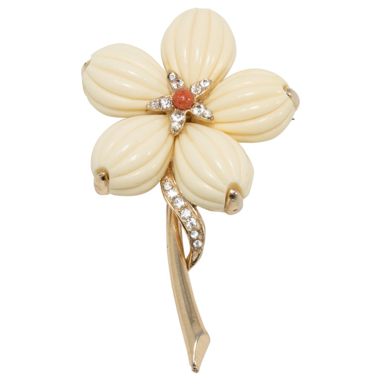 Trifari Cream Lucite Petal Flower Gold Brooch with Clear Crystals and ...