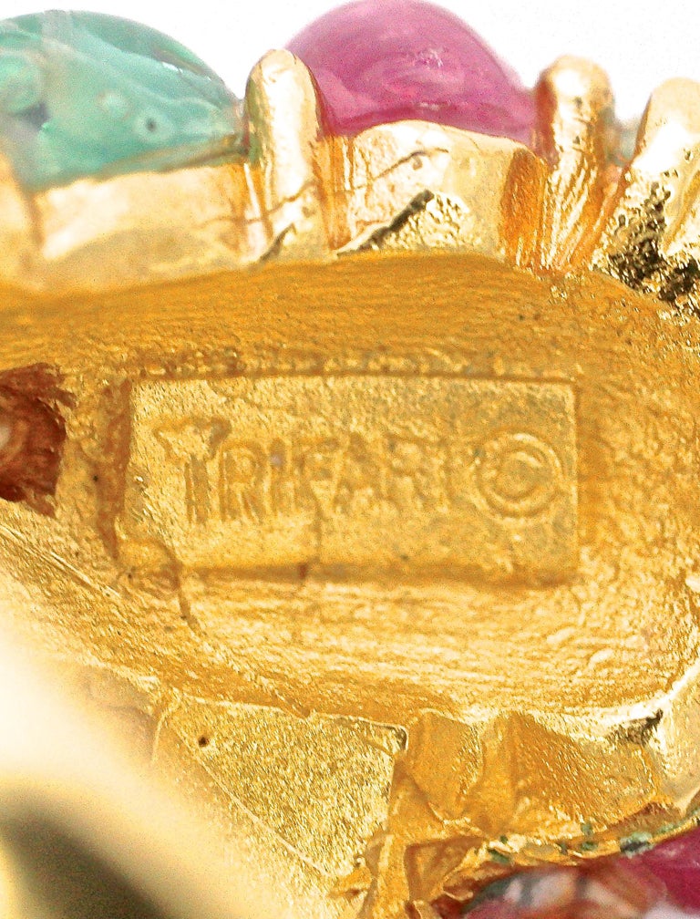 Trifari Gold Plated Ring with Dark Pink and Green Glass Cabochons ...