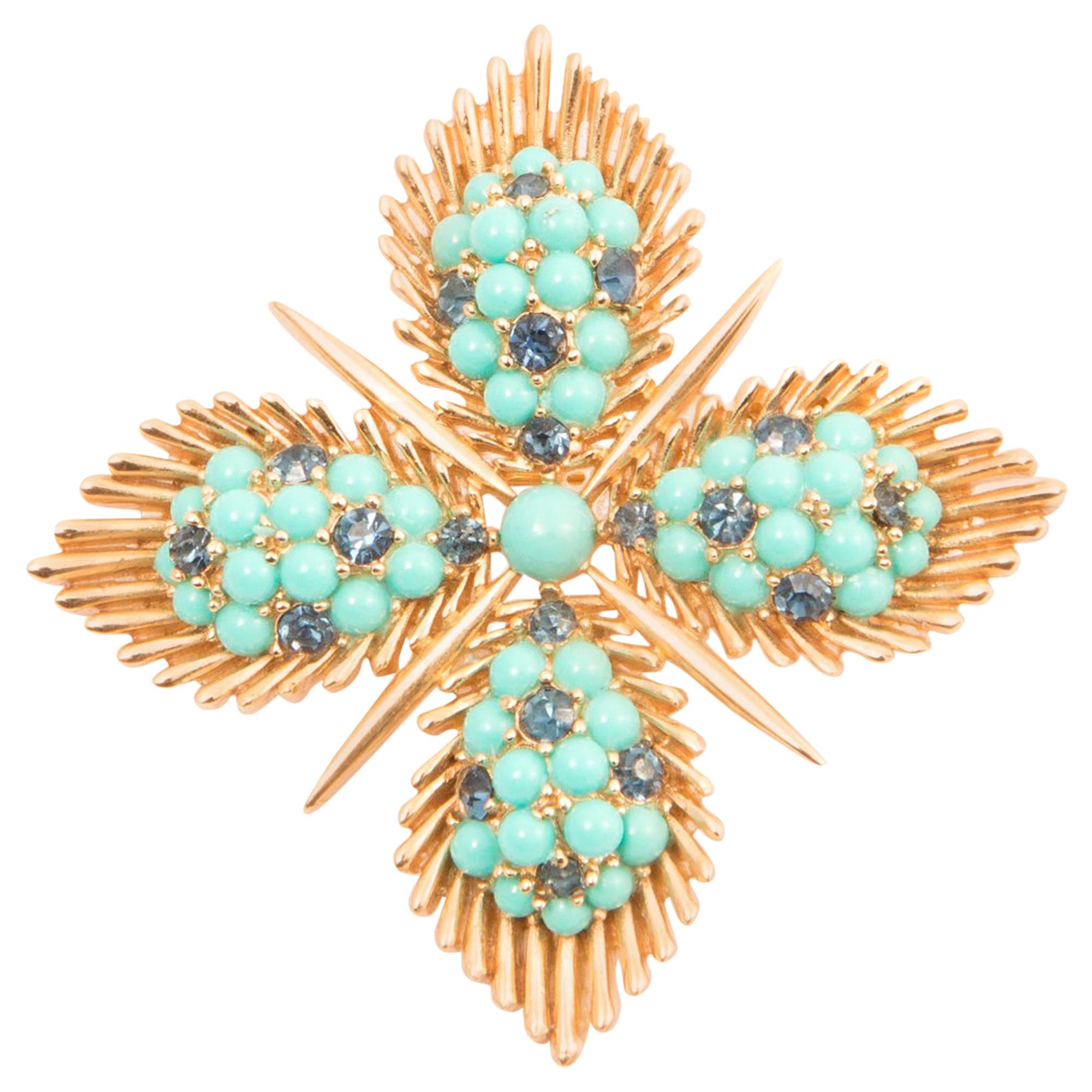 Trifari Turquoise and Gold Tone Large Brooch For Sale at 1stDibs