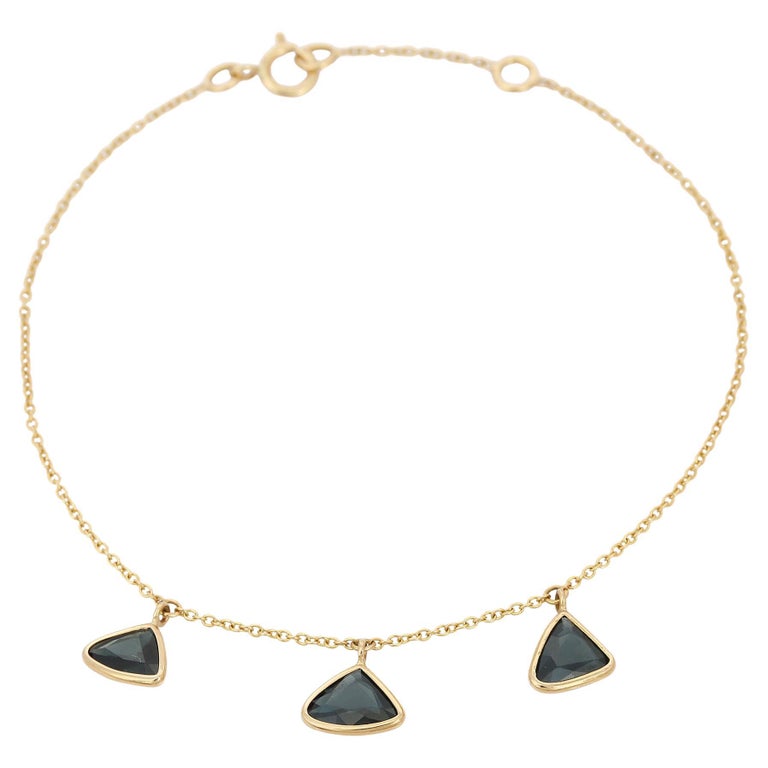 Trillion Cut Blue Sapphire Stackable Charm Chain Bracelet in 18K Yellow ...