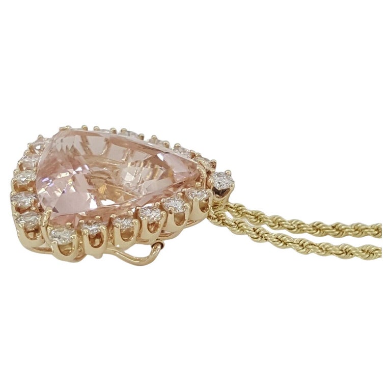 Trillion Cut Morganite and Round Cut Diamond Halo Pendant Necklace For ...