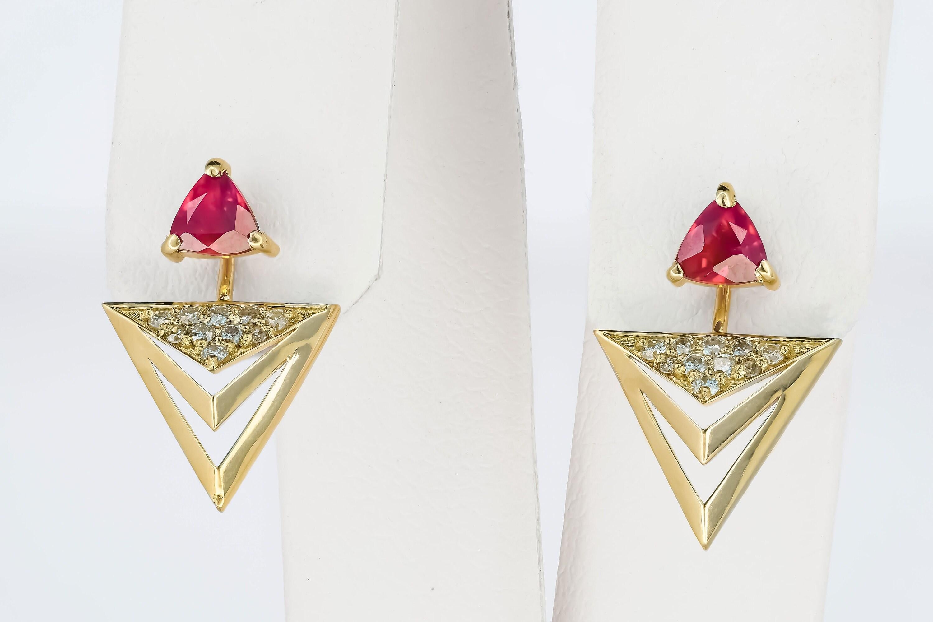 Trillion cut ruby stud earrings in 14k solid gold For Sale at 1stDibs
