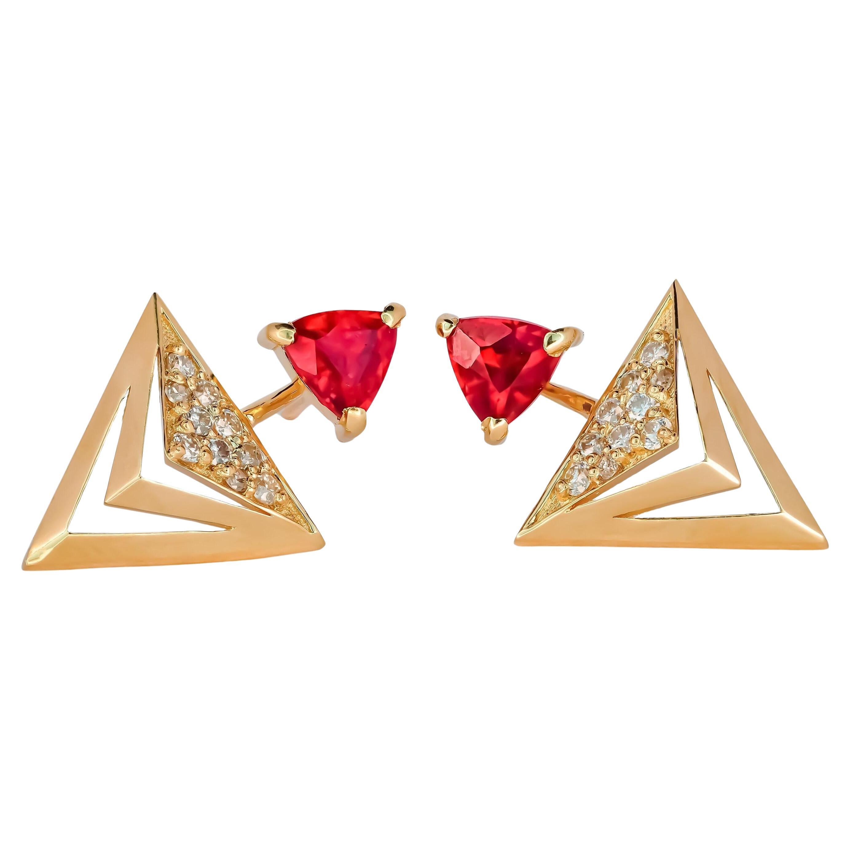 Trillion cut ruby stud earrings in 14k solid gold For Sale at 1stDibs