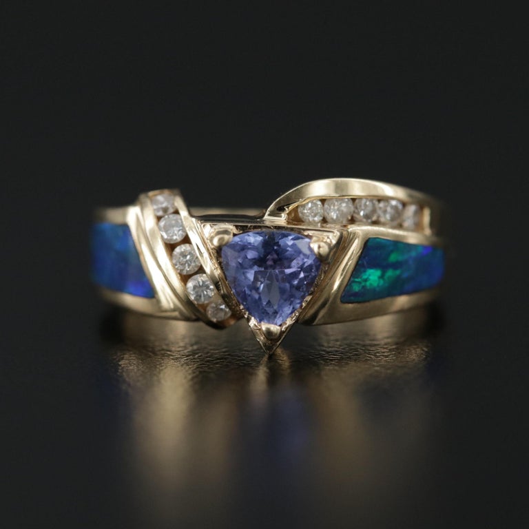 Customizable Trillion Cut Tanzanite Wedding band, Vintage Diamond and Opal Engagement Ring For ...