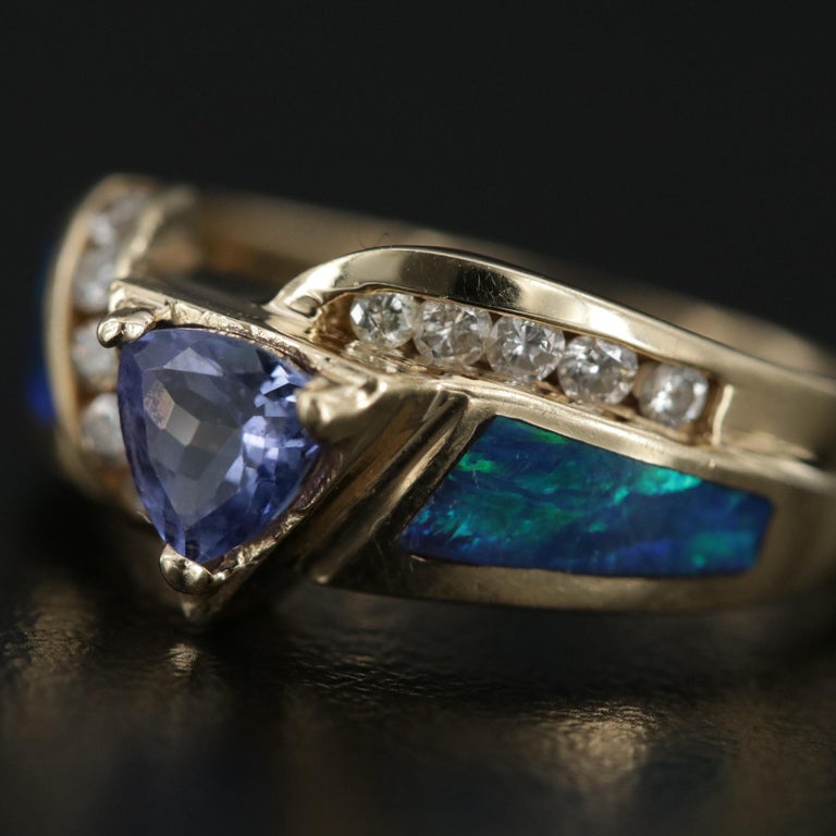 Customizable Trillion Cut Tanzanite Wedding band, Vintage Diamond and Opal Engagement Ring For ...