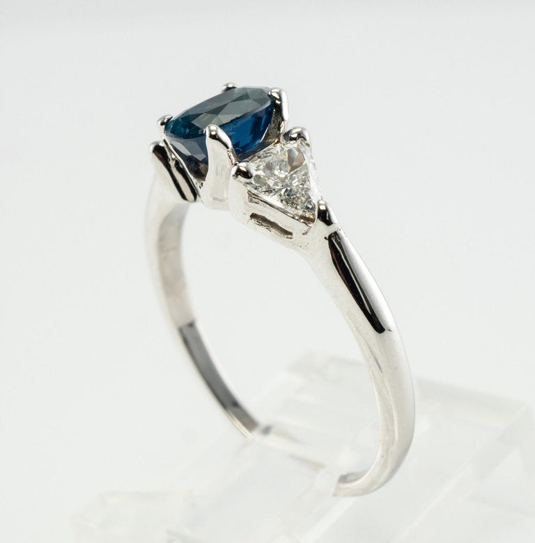 Trillion Diamond Sapphire Ring 14K White Gold Band For Sale at 1stDibs