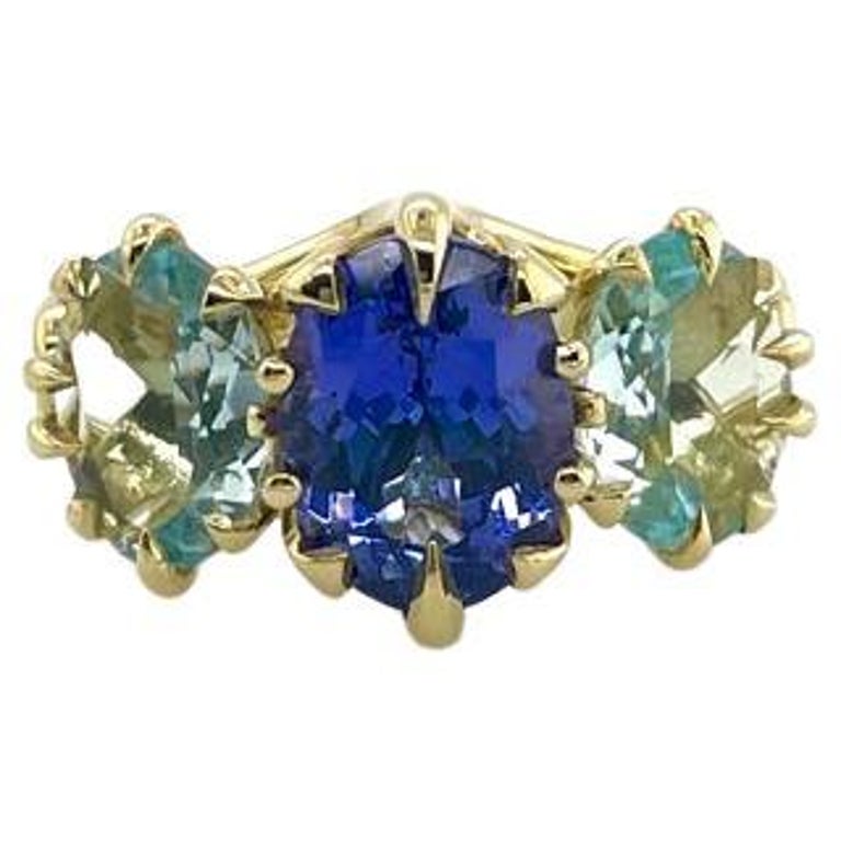 Customizable Trilogy Three Stone Blue Tanzanite and Aquamarine Ring in ...
