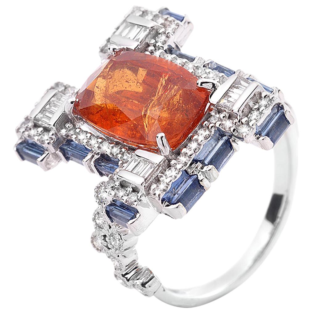 Trinity 18 Karat WG Ring with Mandarin Garnet, Blue Sapphire and ...