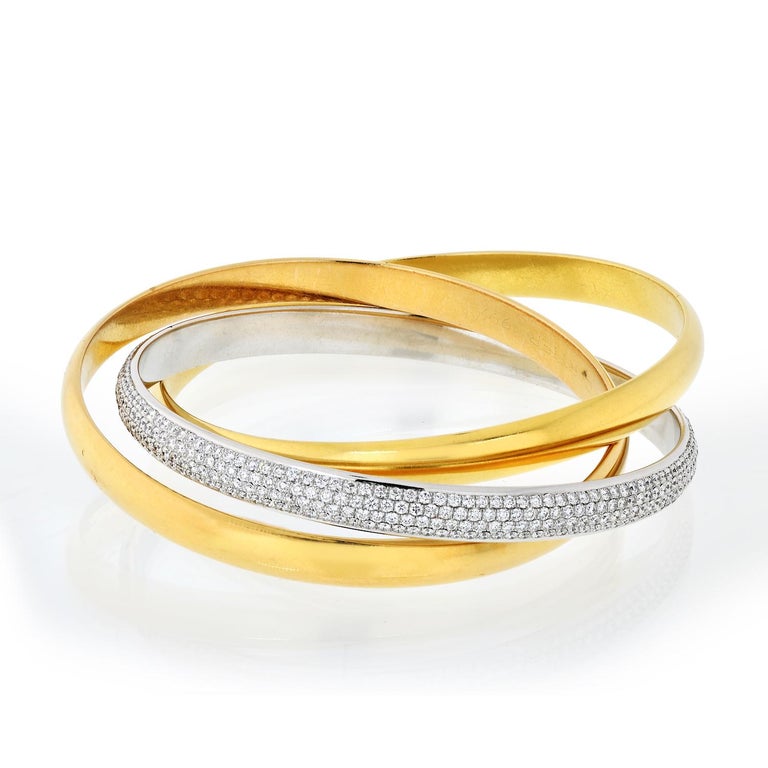 Trinity de Cartier "One" Diamond Tri-Color Gold Bangle For Sale at ...