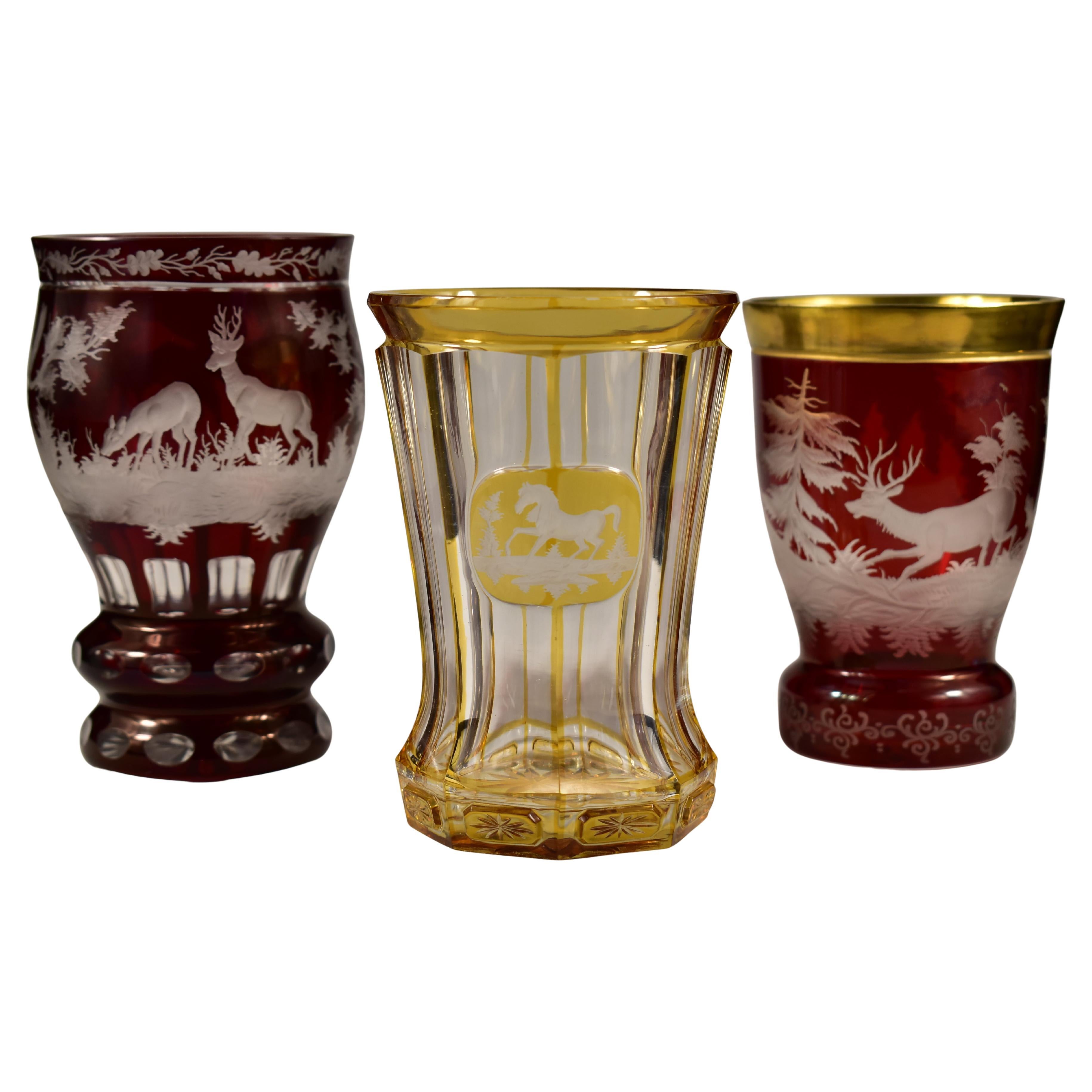 Trinity of Engraved Antique Goblets- Hunting motifs and a horse ...