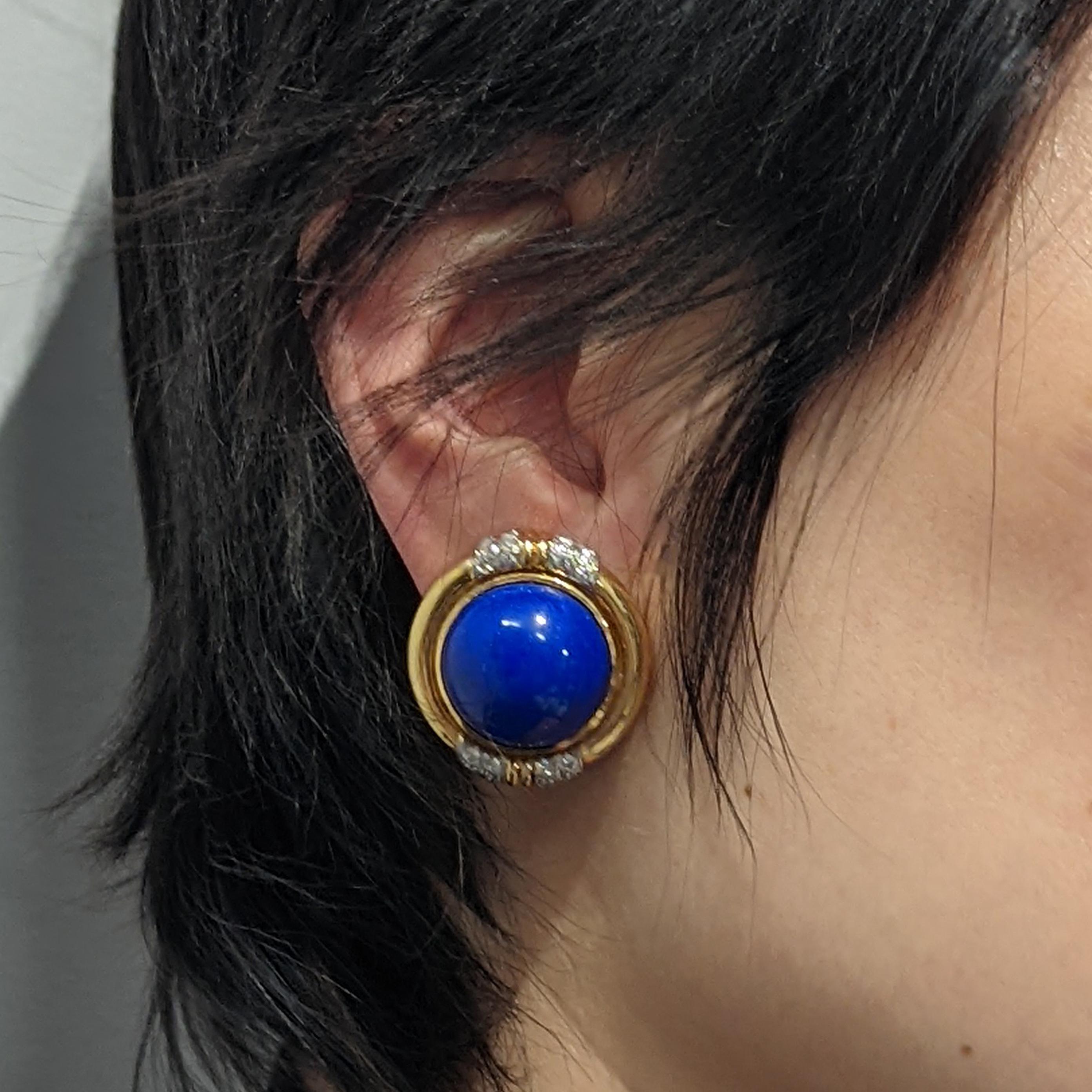 TRIO 18K Yellow Gold Diamond Lapis Clip-on Earrings For Sale at 1stDibs
