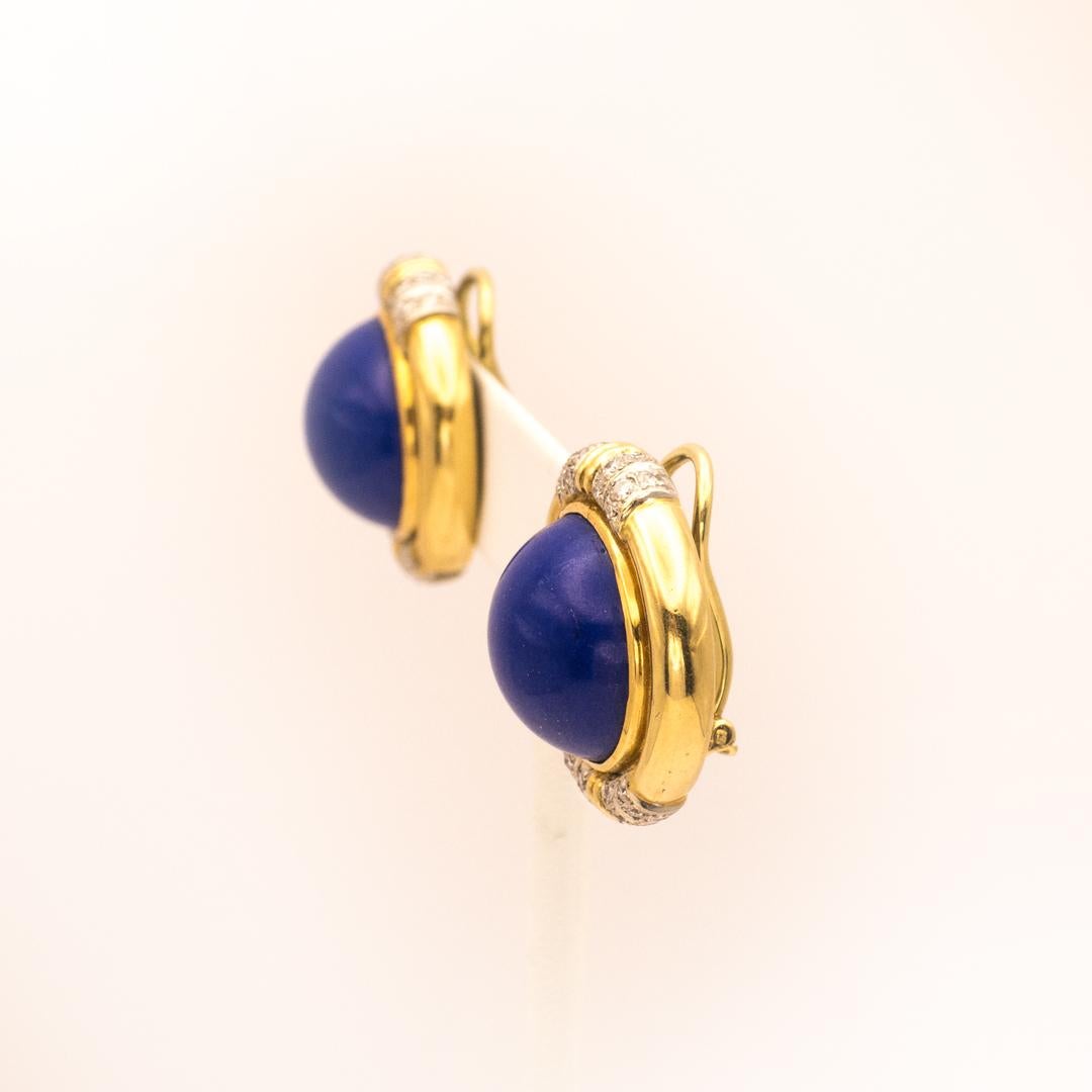 TRIO 18K Yellow Gold Diamond Lapis Clip-on Earrings For Sale at 1stDibs