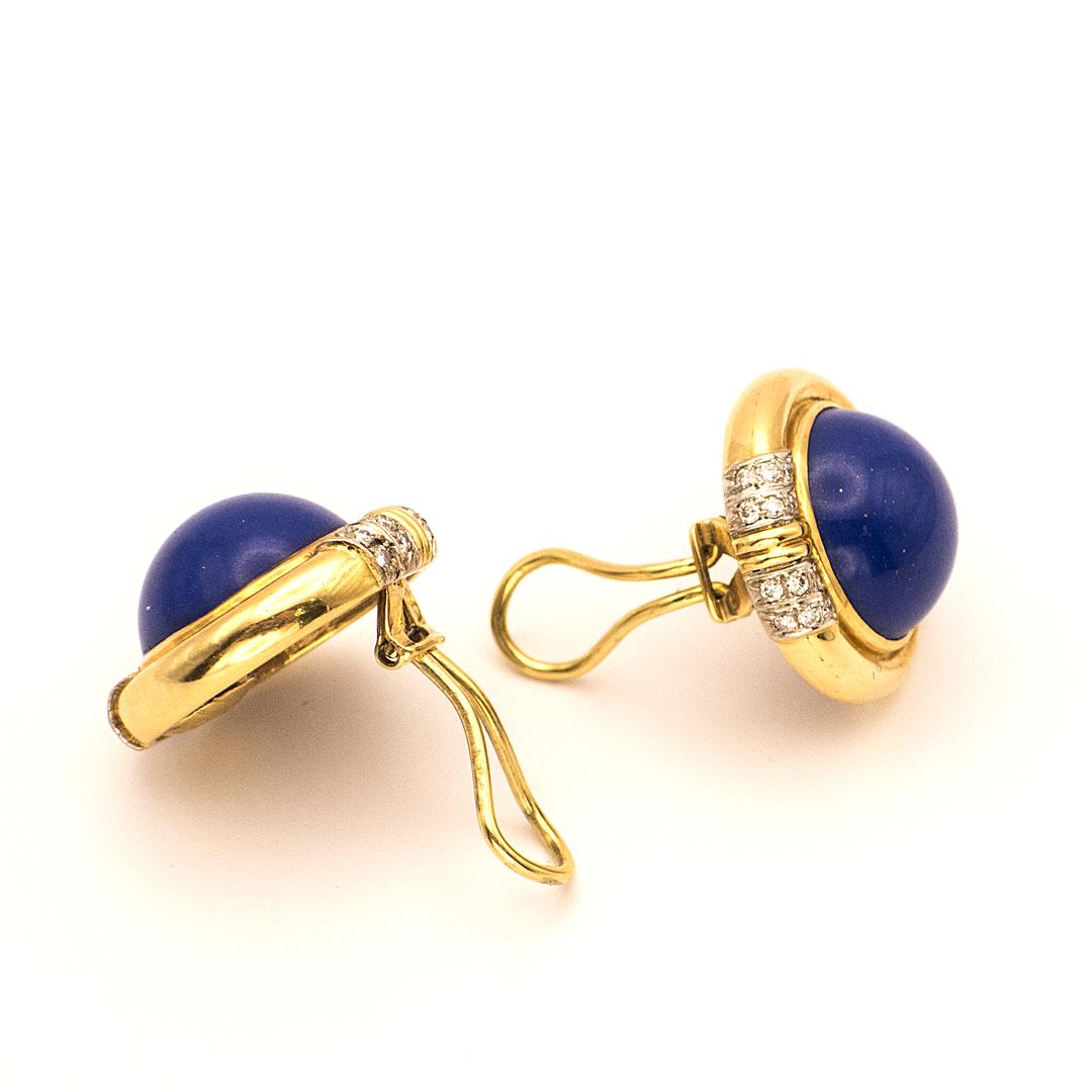TRIO 18K Yellow Gold Diamond Lapis Clip-on Earrings For Sale at 1stDibs