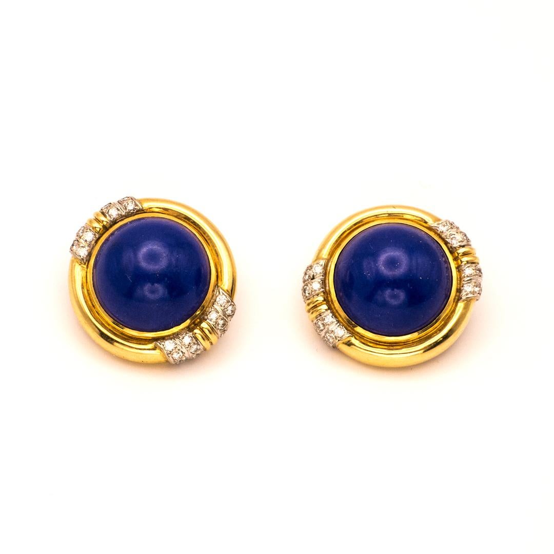 TRIO 18K Yellow Gold Diamond Lapis Clip-on Earrings For Sale at 1stDibs
