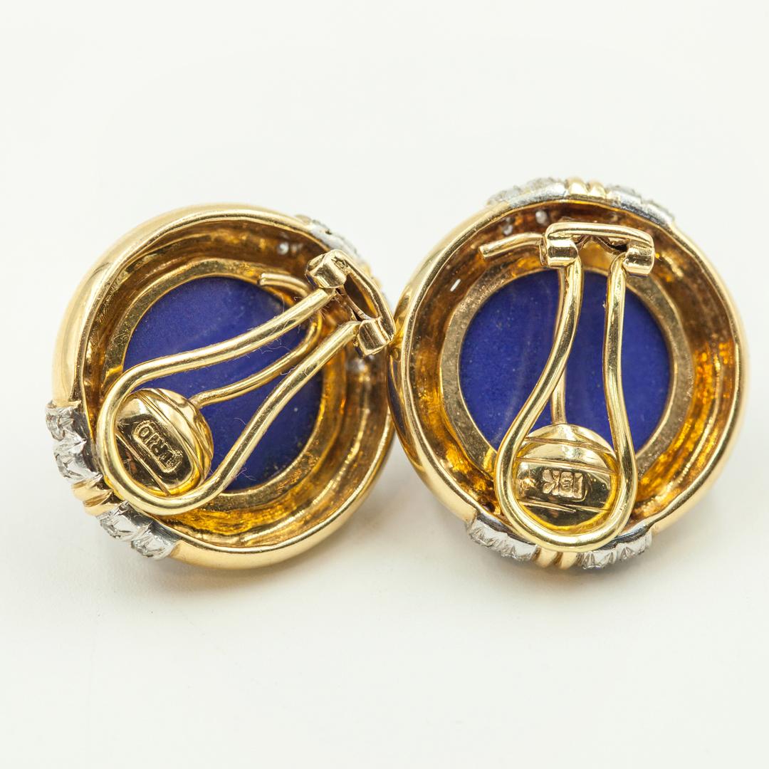 TRIO 18K Yellow Gold Diamond Lapis Clip-on Earrings For Sale at 1stDibs