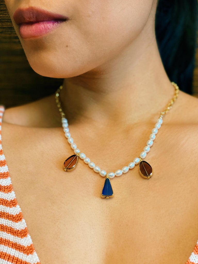 Trio Charm Vintage German Glass Bead on Freshwater Pearls and Chain For ...