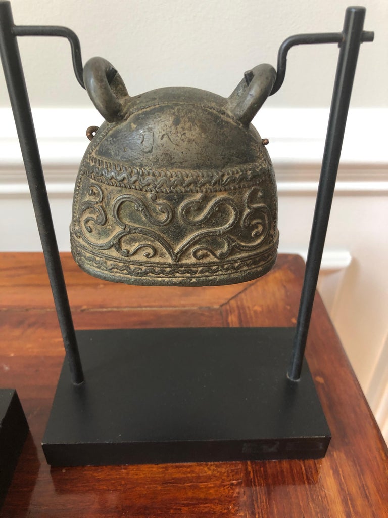 Trio Collection of Thai Antique Brass Bells on Custom Stands at 1stDibs