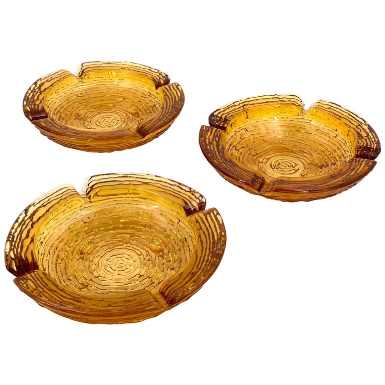 Trio of American Midcentury Textured Amber Glass Ashtrays For Sale at ...
